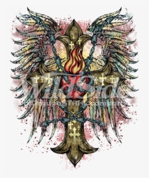 Flaming Heart Cross With Wings - Drawing - Free Transparent PNG ...