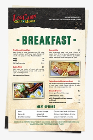 Breakfast Menu - Log Cabin Grill & Market - Free Transparent PNG ...