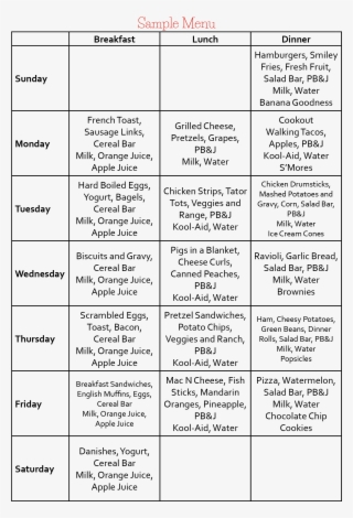 Sample Camp Menu - Menu - Free Transparent PNG Download - PNGkey